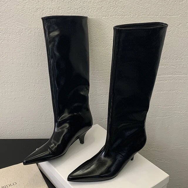 Зимние новые модные сапоги до колена, женские, с острым носком, элегантные, на тонком низком каблуке, повседневные, женские туфли-лодочки, длинные, женские сапоги