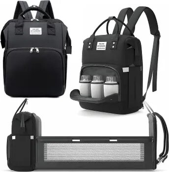 Рюкзак-сумка для подгузников новорожденных с солнцезащитным козырьком. Пеленальная сумка для переноски и организации детских бутылочек малышам. Черная