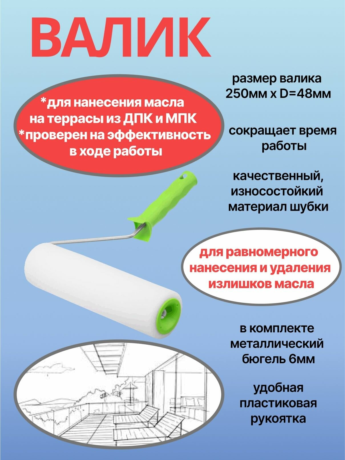 Валик для нанесения масла, специальная шубка, с ручкой, диаметр 48 мм, ширина 25 см