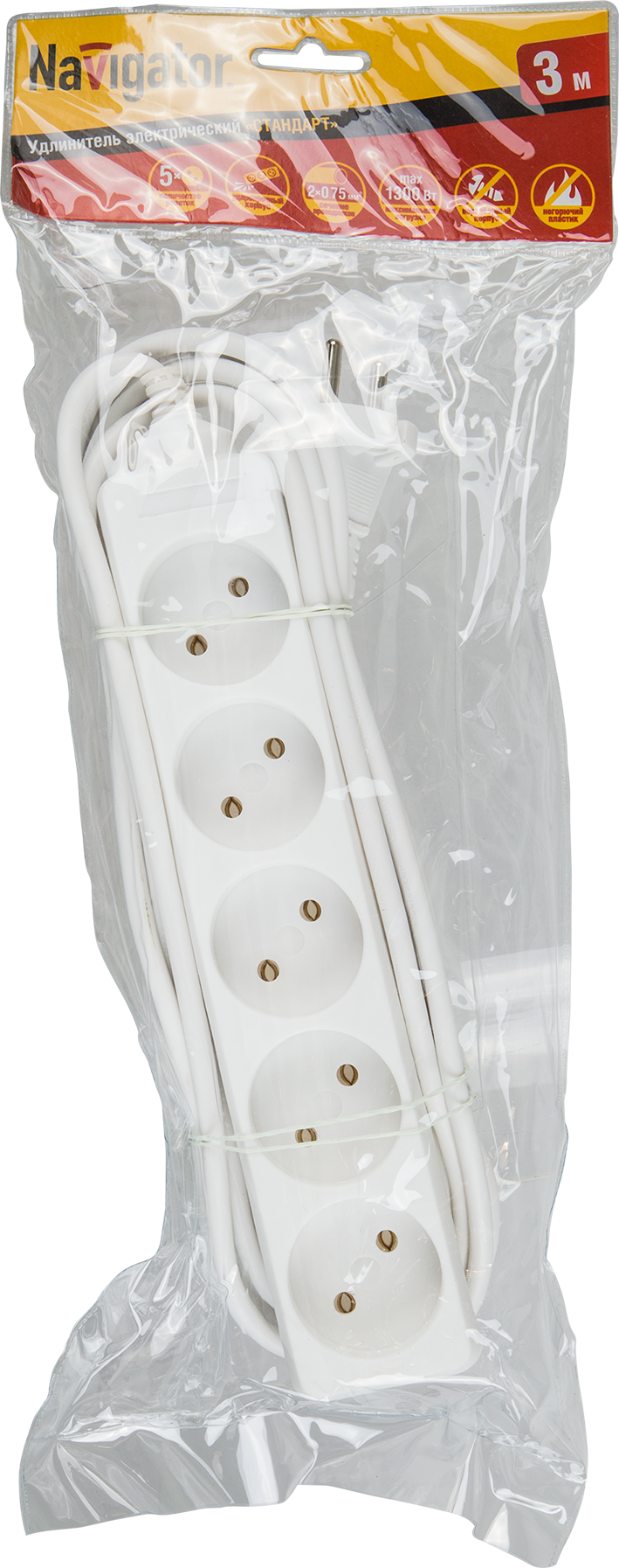 Удлинитель бытовой Navigator 71 553 б/выкл, 5 розеток, б/зазем, 3 м