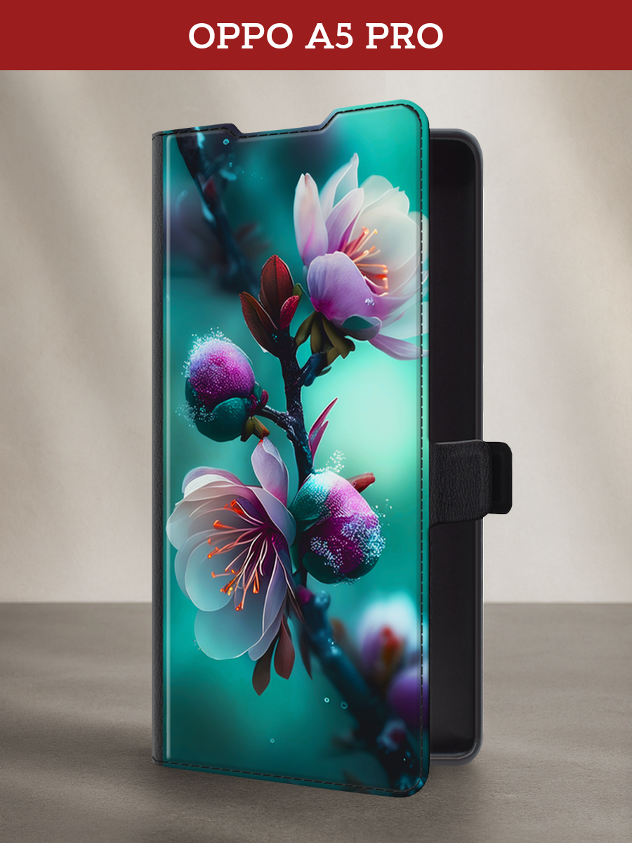 Чехол-книжка на Oppo A5 Pro / Оппо А5 Про с принтом Цветущая веточка, черный