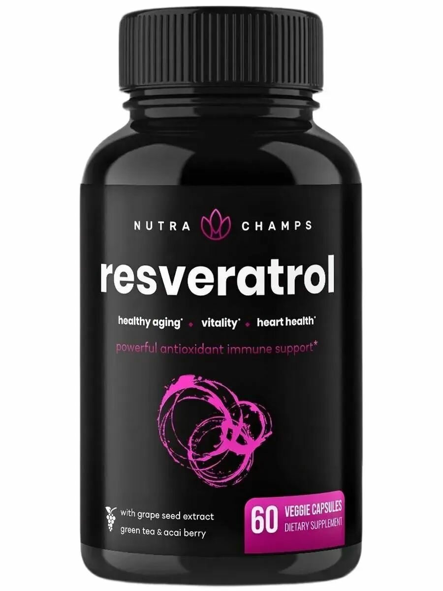 Ресвератрол, 1200 мг, 60 капсул для антиоксидантной поддержки и молодости клеток