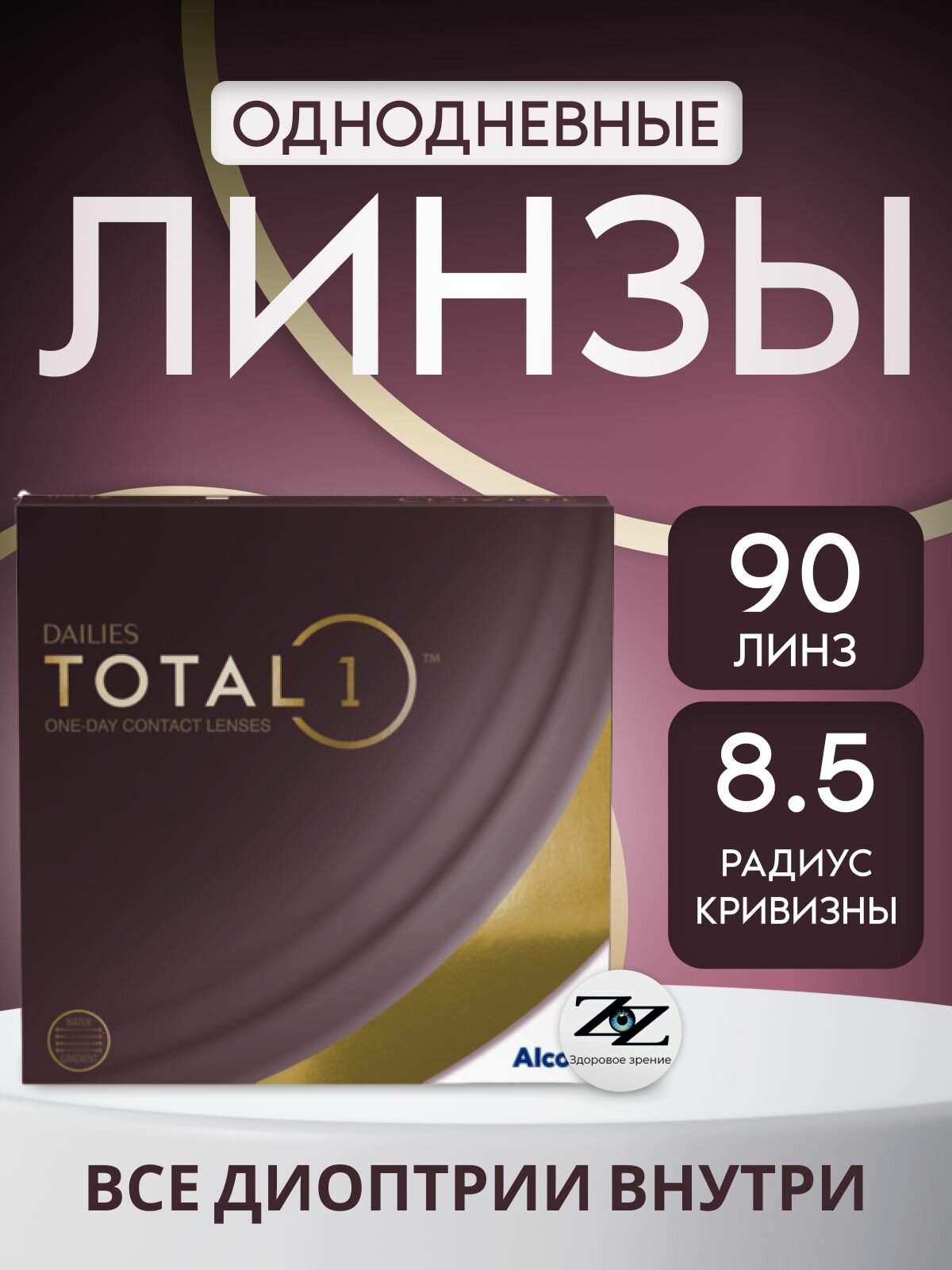 Контактные линзы для глаз Alcon Dailies Total 1 90 шт Однодневные, -12.00 / 8.5