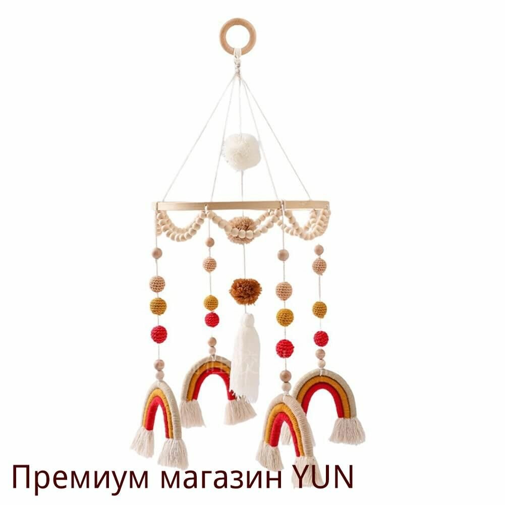 Вязаный мобиль для кроватки в стиле бохо: радужные шары с колокольчиками, унисекс детский мобиль ручной работы для девочек и мальчиков, красный