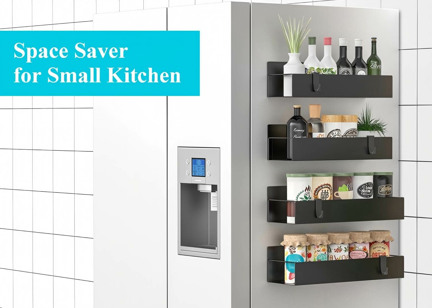 Магнитная полка для холодильника, С крючком, металл，цвет черный , Один большой, 29x9,1x7,5 см