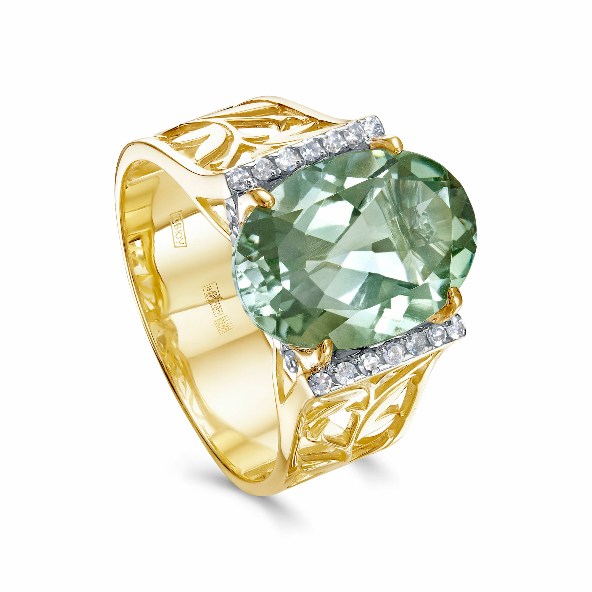 Кольцо, желтое золото, 585 проба, бриллиант, празиолит