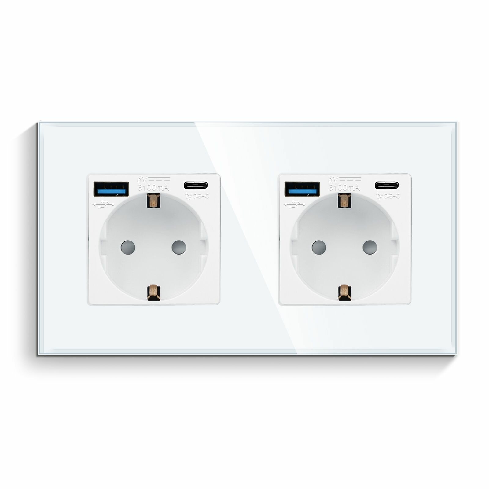 Розетка электрическая с USB/TYPE-C AC, 2 пост 16А, рамка 86*158mm стекло, 5 вольт,3.1A