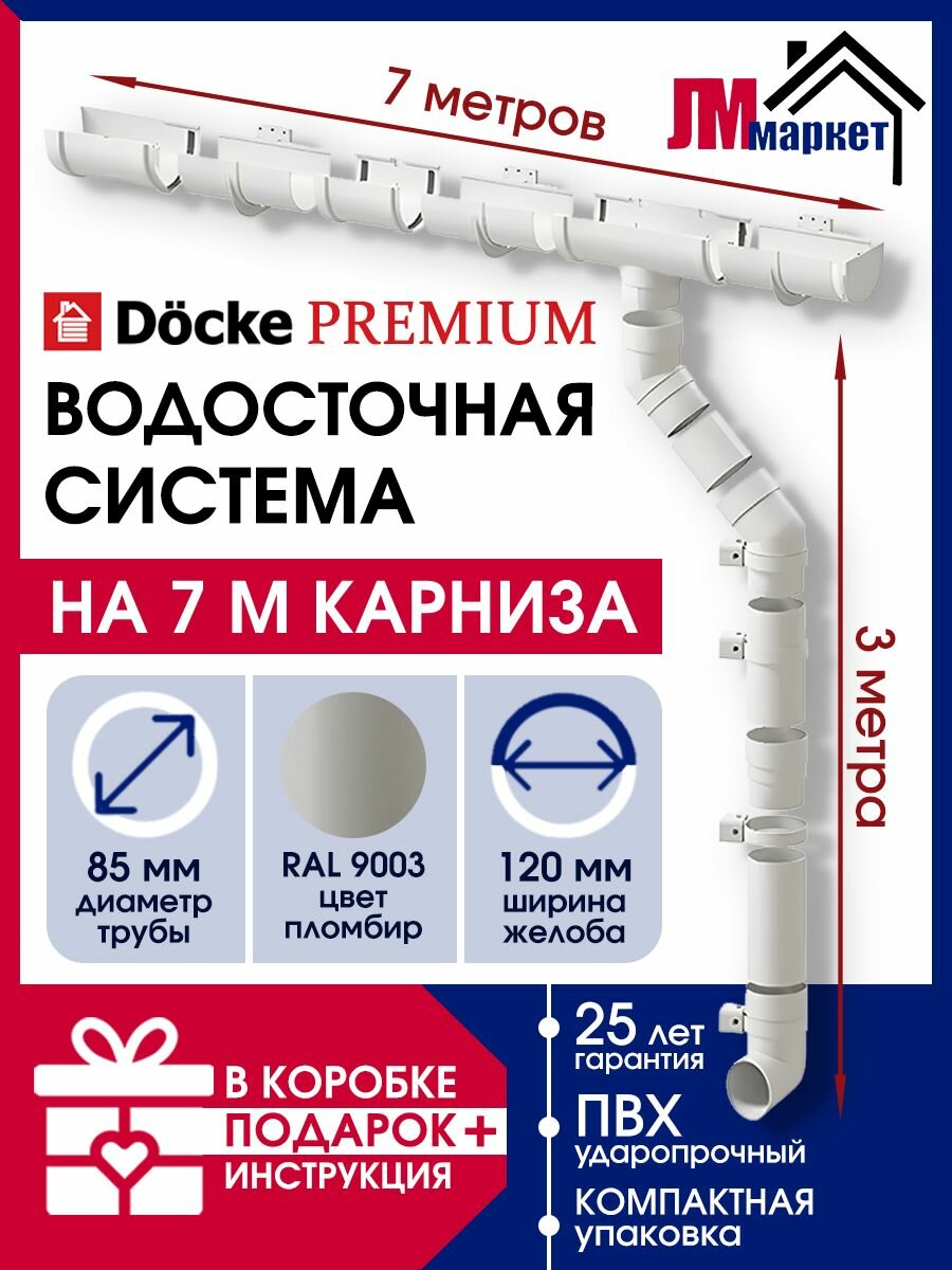 Водосточная система Docke Premium, 7 м/3 м, RAL 9003, цвет пломбир, водосток для крыши дома