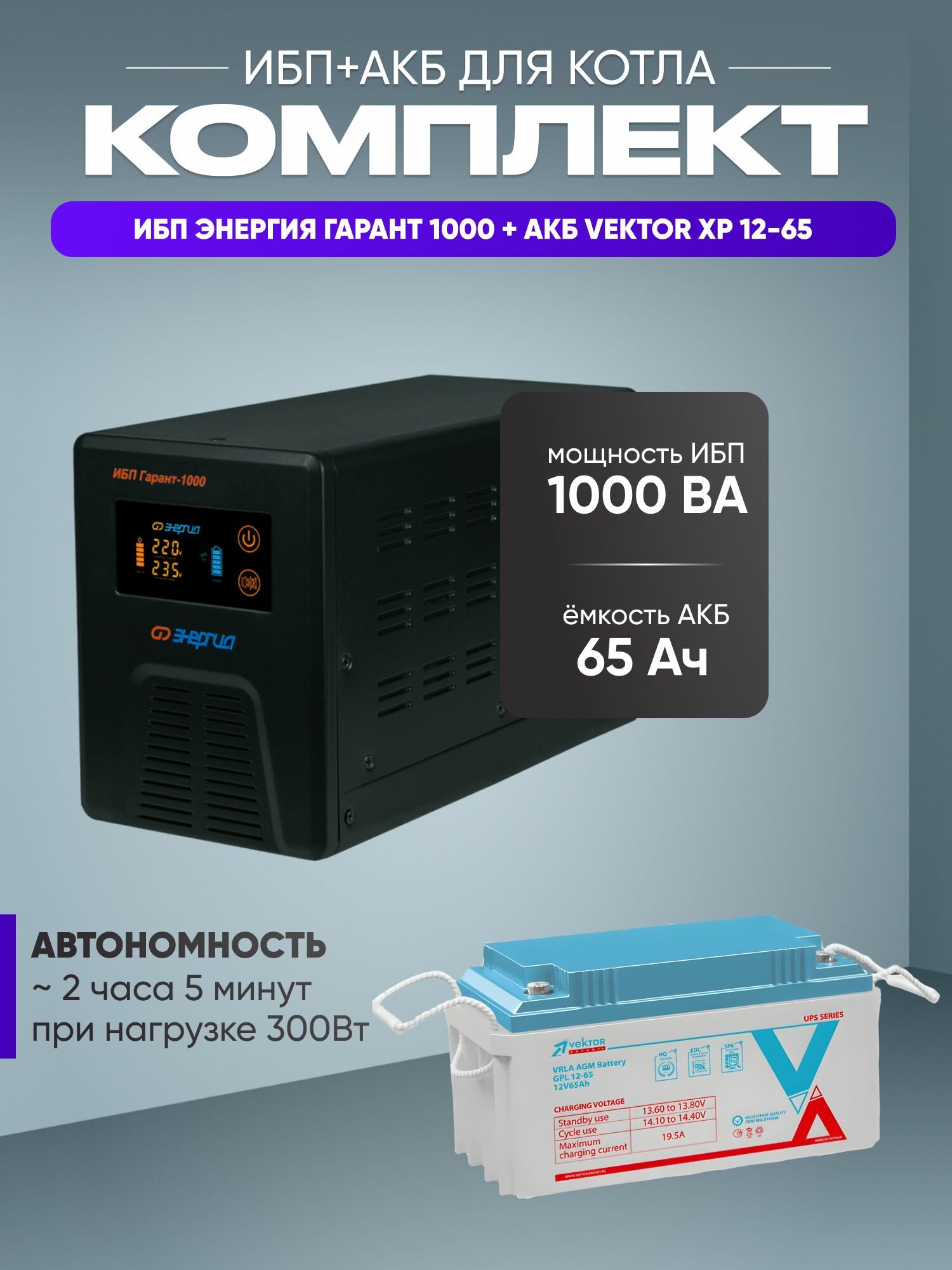 ИБП для котла с аккумулятором ИБП Гарант 1000ВА, 12В + АКБ Vektor Energy GPL 65Ач, 12В / бесперебойник для котла отопления / источник бесперебойного питания