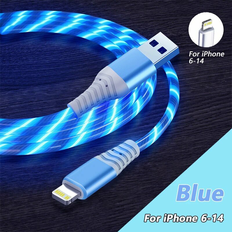 6A Светящийся кабель Micro USB Type C Кабель для быстрой зарядки для Huawei iPhone 15 Pro Xiaomi USB C Шнур для передачи данных Кабель атмосферного освещения 1 м, Blue for iPhone