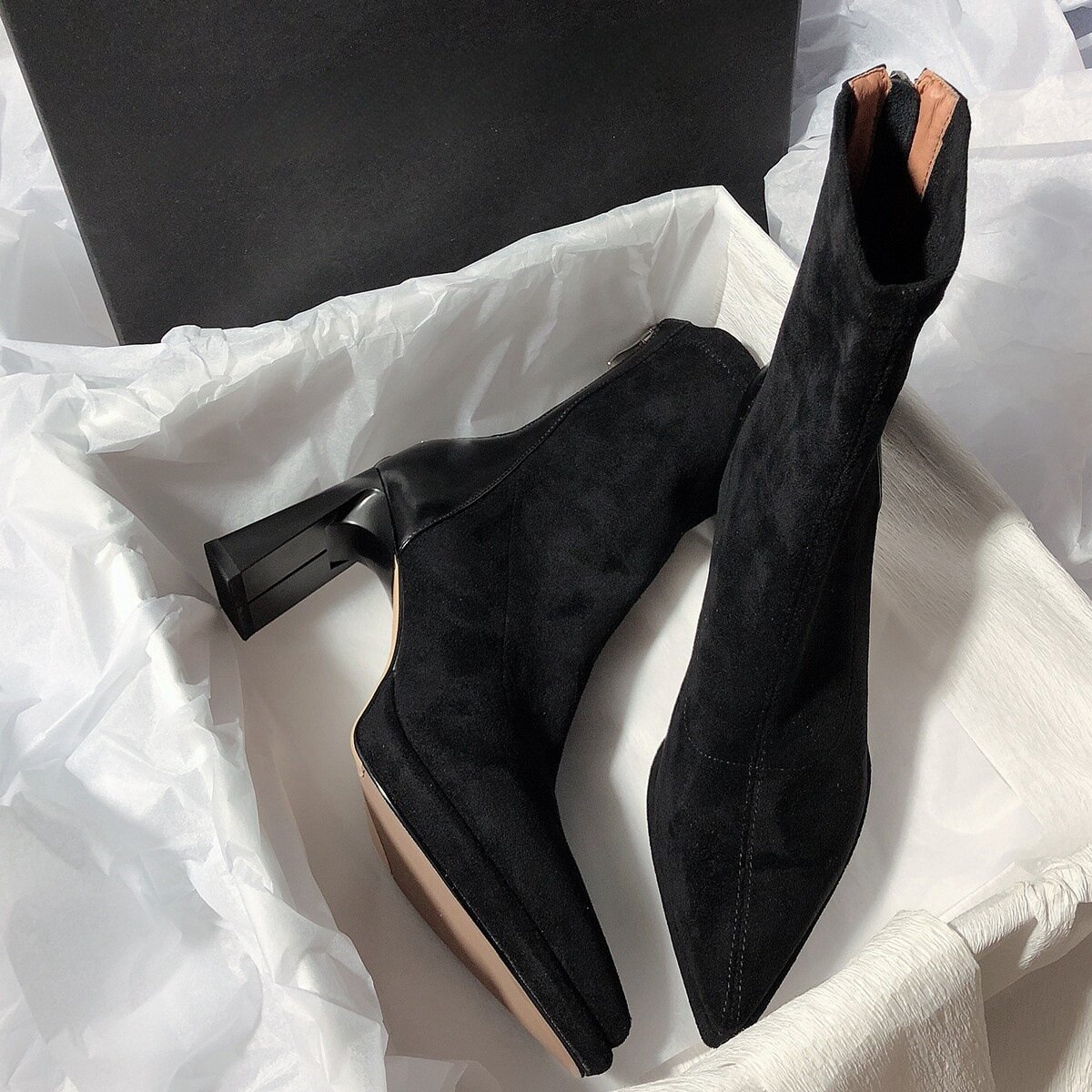 MOOCIE Узкие однотонные сапоги на высоком каблуке, платформе, водонепроницаемые, с толстым каблуком, острым носком, женские сапоги с молнией сзади, удобные в носке, короткие сапоги