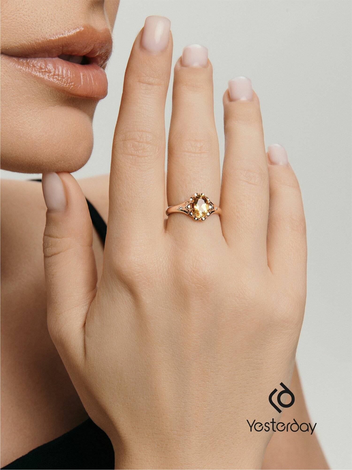 Кольцо, красное золото, 585 проба, цитрин, фианит