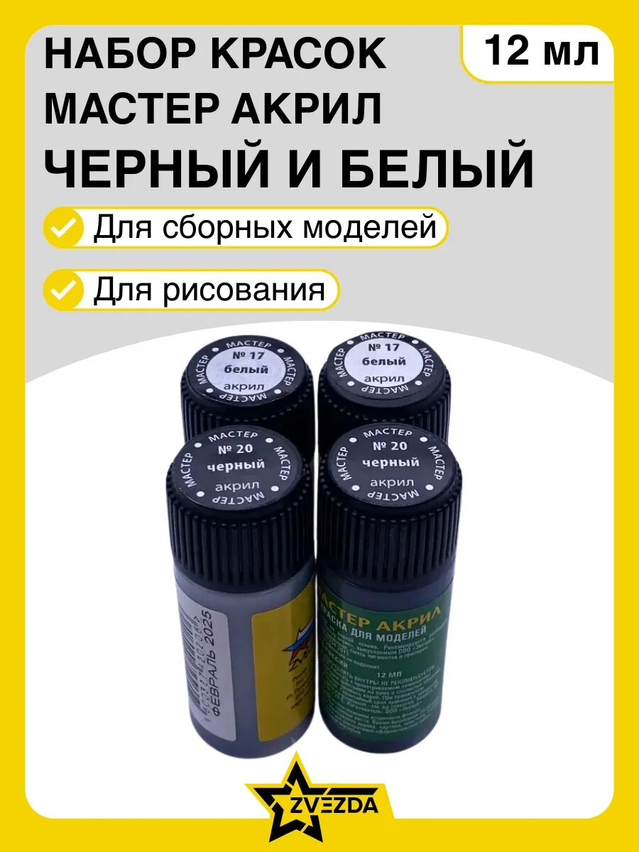 Набор красок акриловых 4шт черный белый Звезда