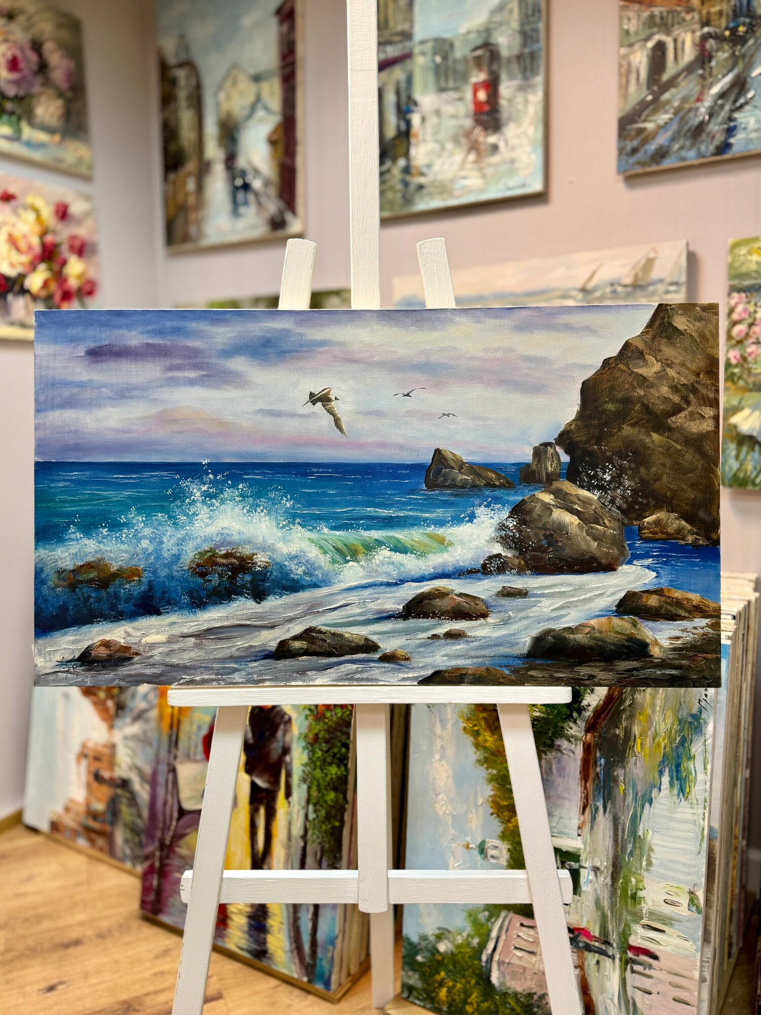 Картина маслом Морской пейзаж, горы море чайки 90x50 см. Художественная мастерская.