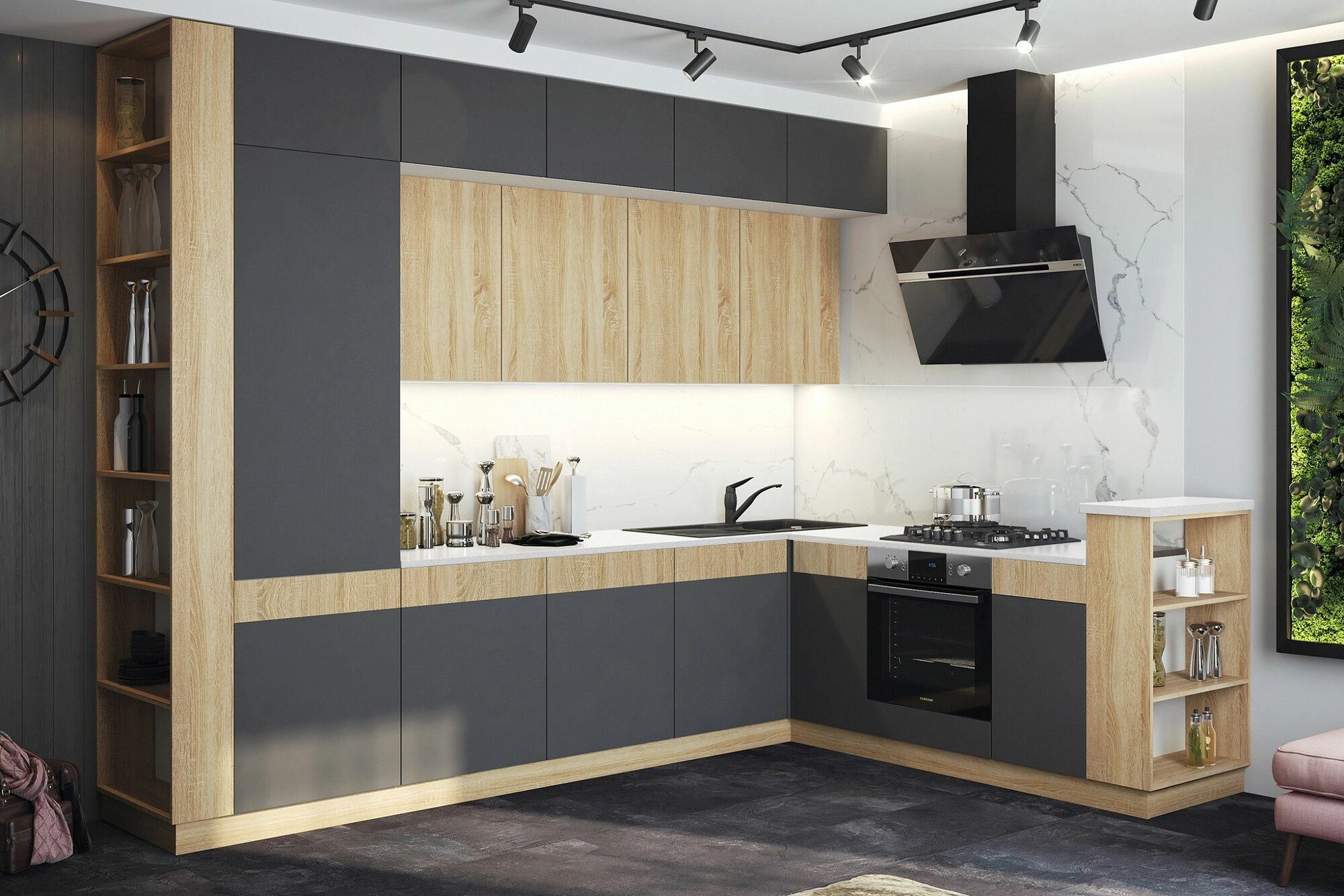 Кухня Техно-5 3,2*2,24м (490) (Сонома/Графит софт NEW, Белый (Антарес))