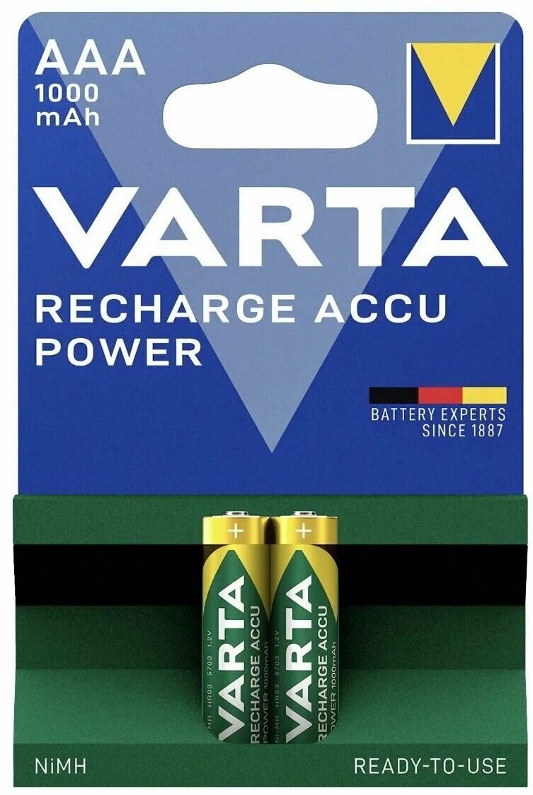 Батарейки Аккумуляторные VARTA Recharge Accu Power AAA 1000mAh BL2, (2) шт. в блистере (05703301402)