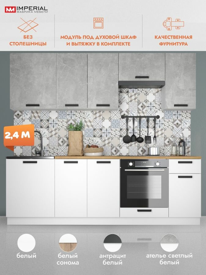 Кухонный гарнитур 2,4 модульный, кухня без столешницы, серый белый Ника Нео