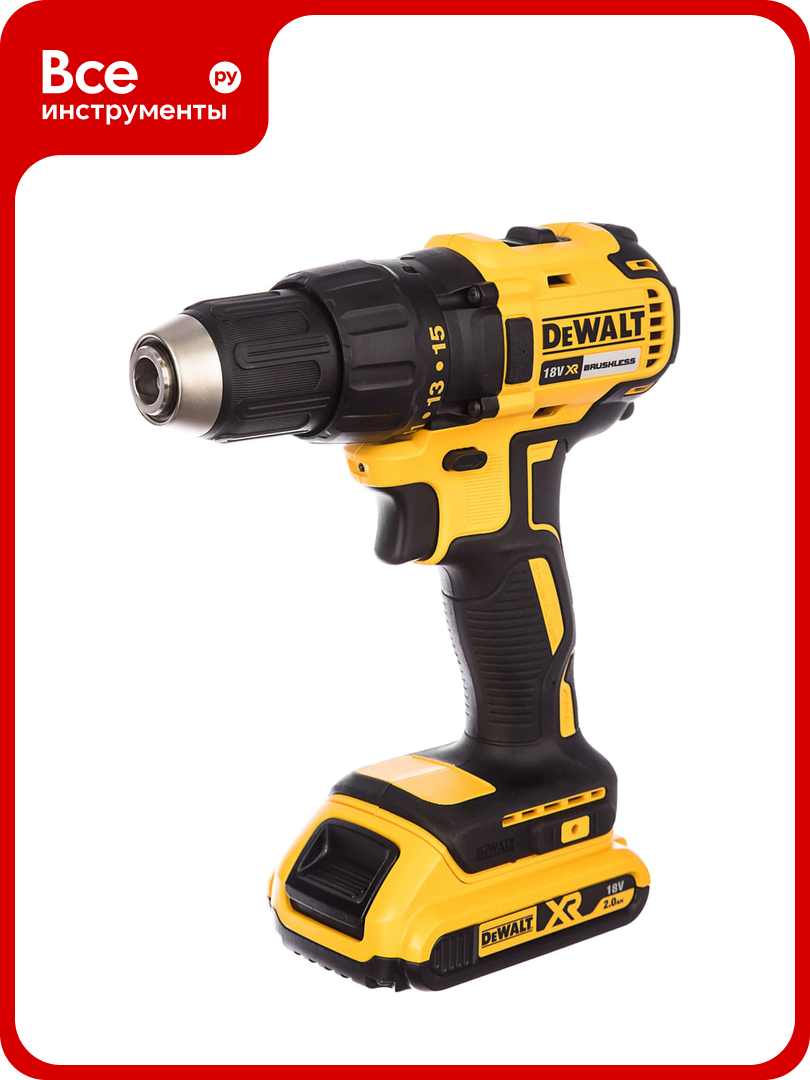 Бесщеточная дрель-шуруповерт DEWALT с двумя скоростями, крутящим моментом 65 Нм и двумя аккумуляторами 2 Ач для эффективной работы с деревом и металлом