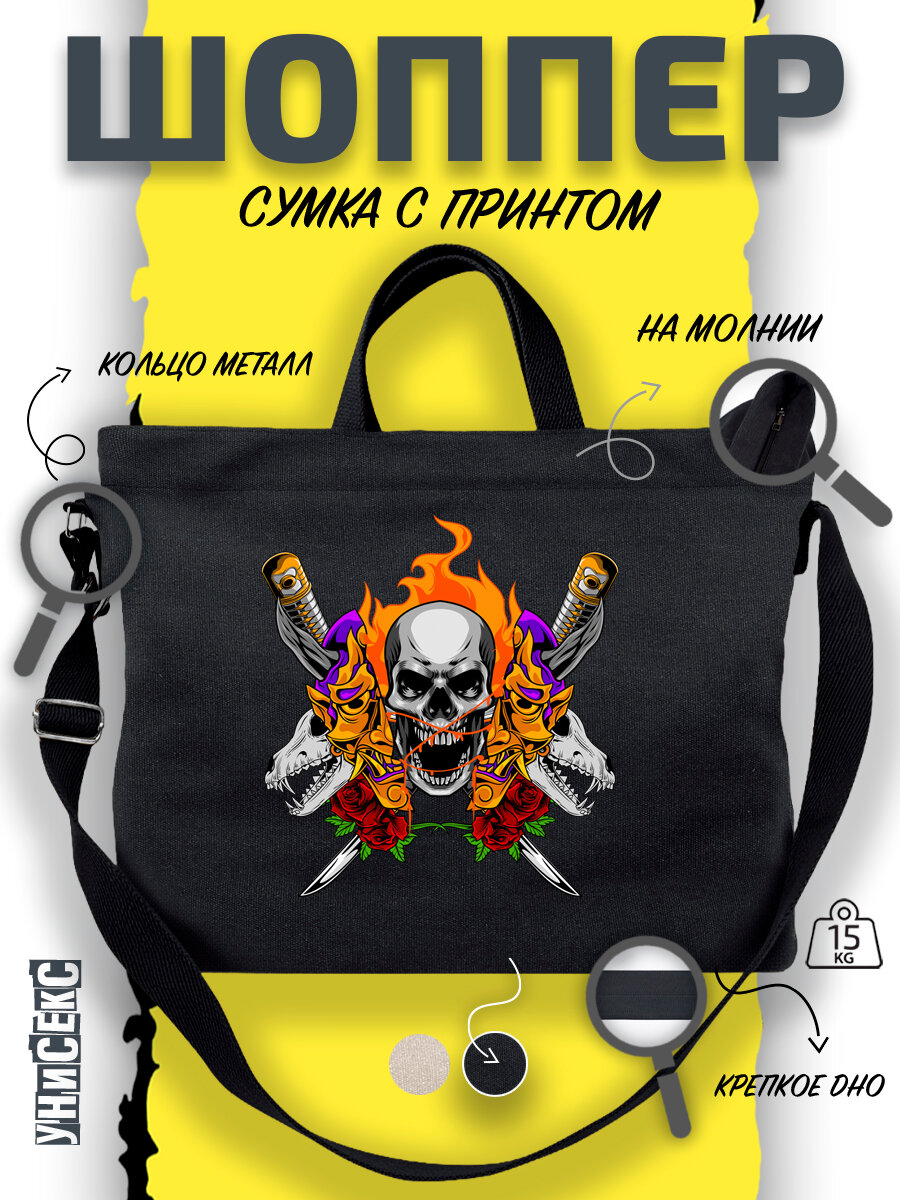 Сумка  шоппер y2k через плечо с черепами