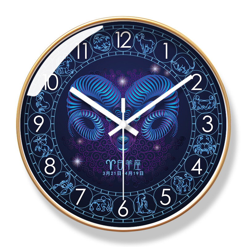 Настенные часы со знаком зодиака Овен | Бесшумные кварцевые часы без тиканья | Астрологический дизайн с 12 знаками зодиака | Циферблат из ПВХ 30 см, зеркальное покрытие | Работает от батареек