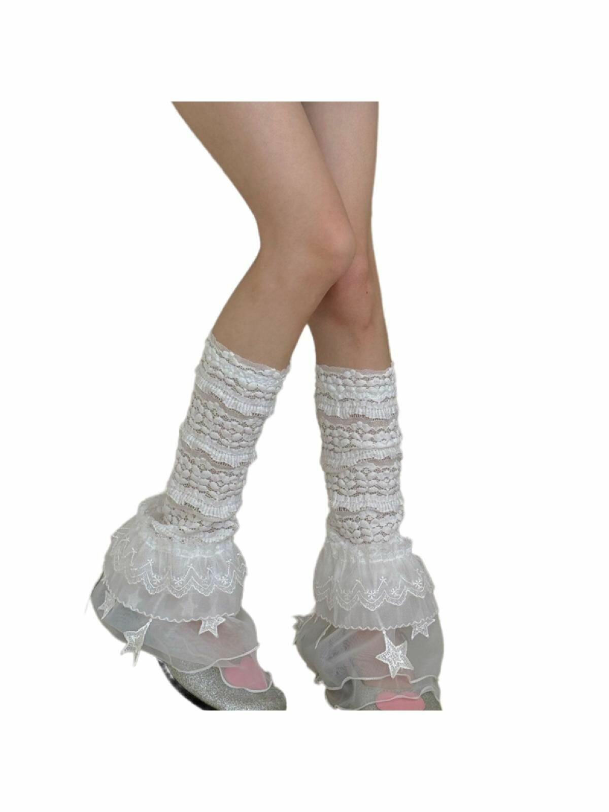 Женские кружевные гетры с рюшами, Белый