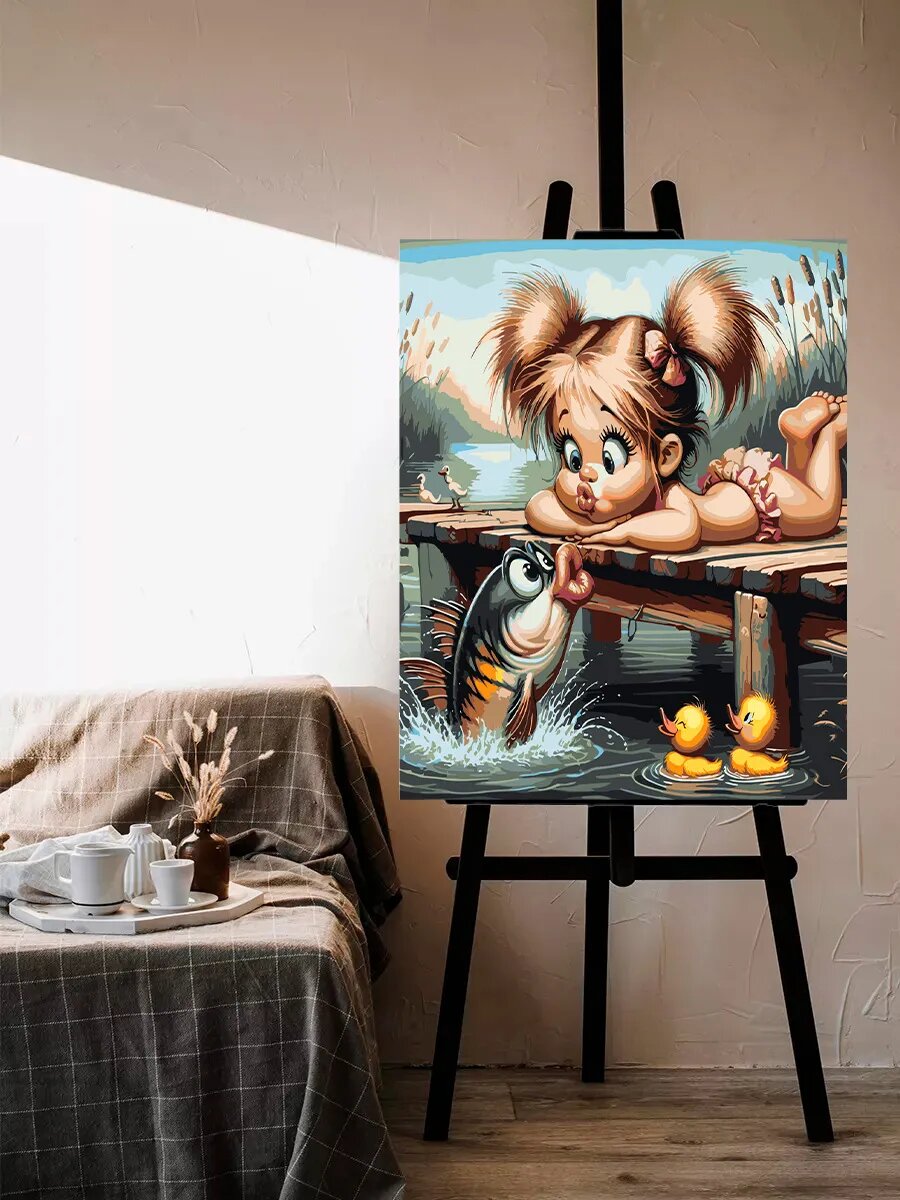 Картина по номерам Мультяшная Девочка Рыба Поцелуй