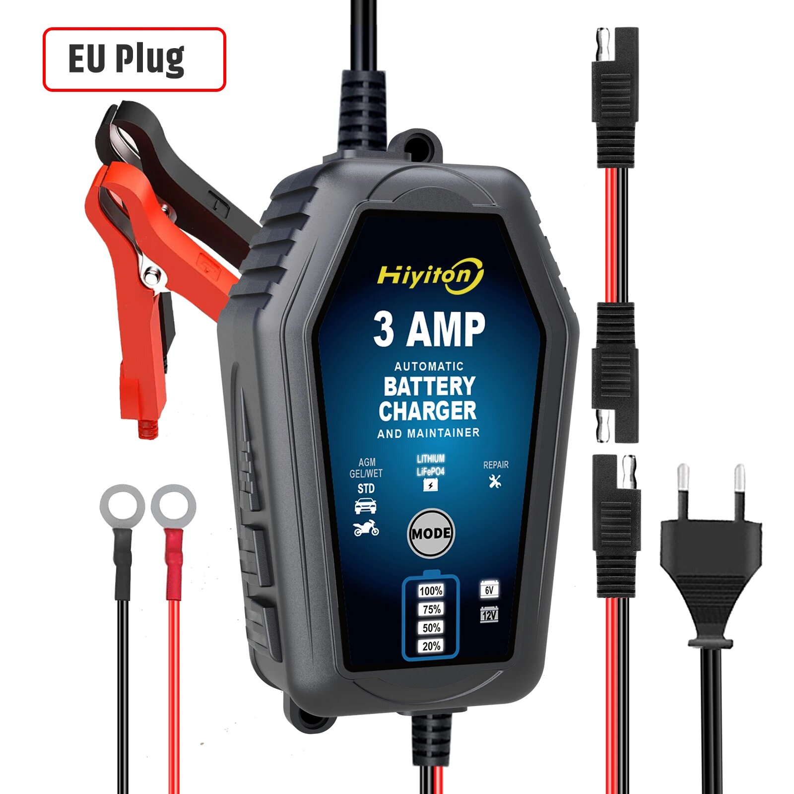 Умное зарядное устройство Hiyiton 3000 мА 6 В 12 В для автомобиля, мотоцикла, газона LiFePO4, свинцово-кислотная гелевая батарея AGM, автоматическое поплавковое зарядное устройство 3A-EU Plug