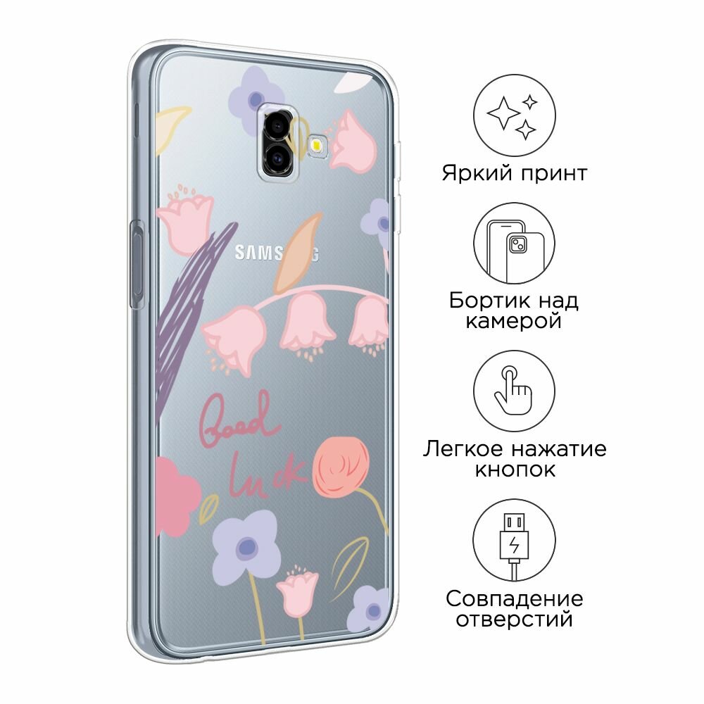 Чехол на Samsung Galaxy J6 + / Самсунг Галакси J6 Плюс 2018 с принтом "Lucky flowers", прозрачный — фото 1