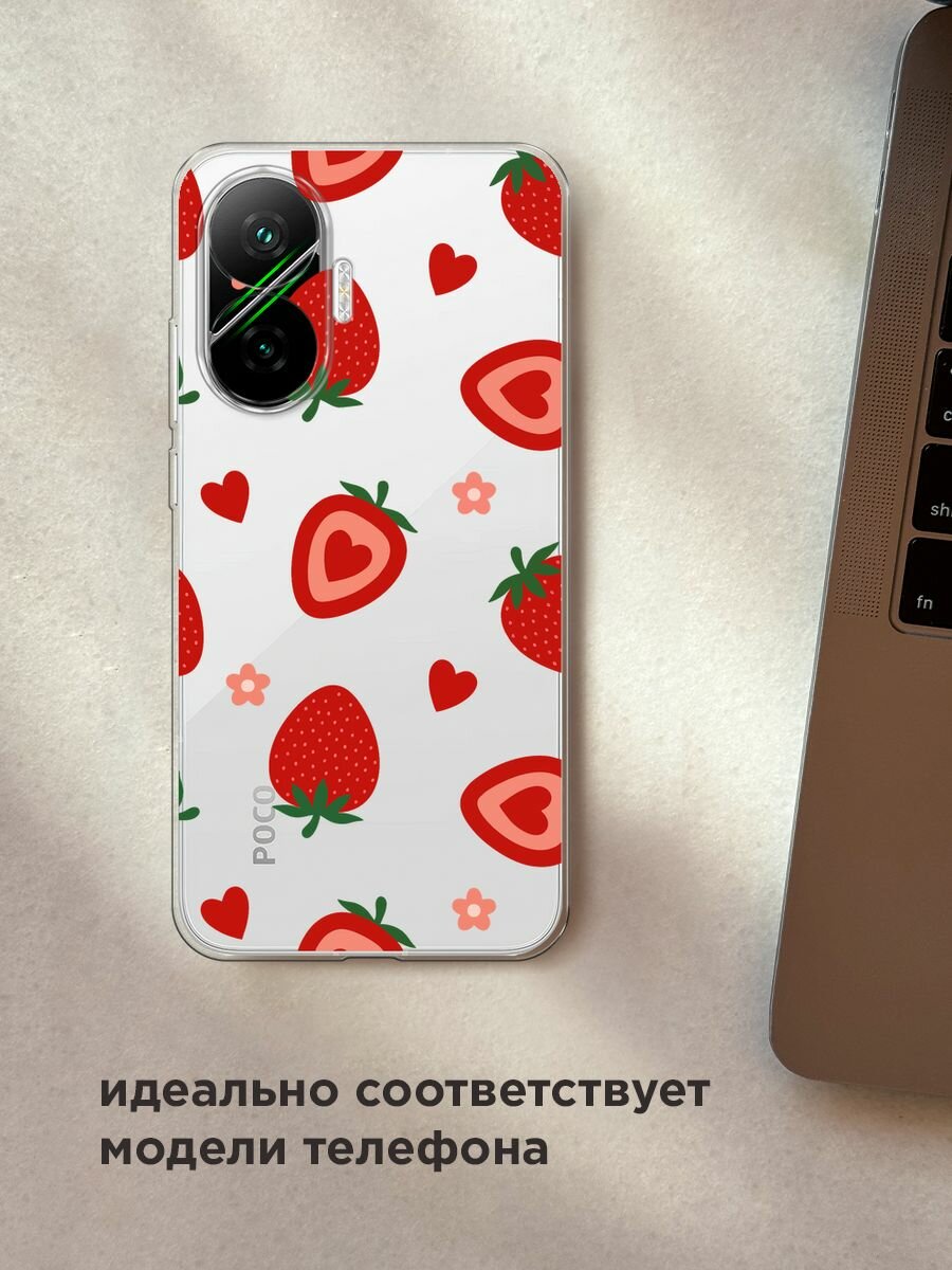 Чехол на Poco F7 / Поко F7 с принтом "Heart strawberries 2 - 14 февраля", прозрачный — фото 1
