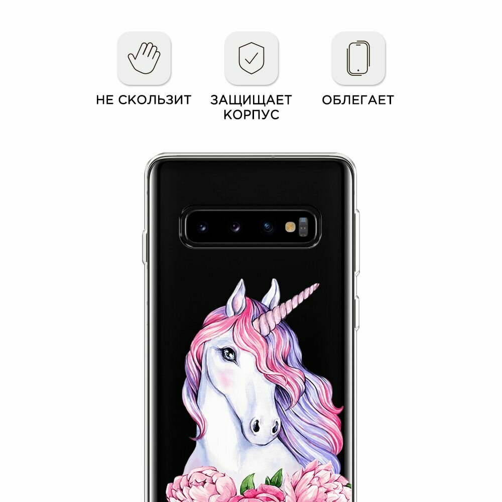 Чехол на Samsung Galaxy S10 + / Самсунг Галакси S10 Плюс с принтом "Единорог с пионами", прозрачный — фото 1
