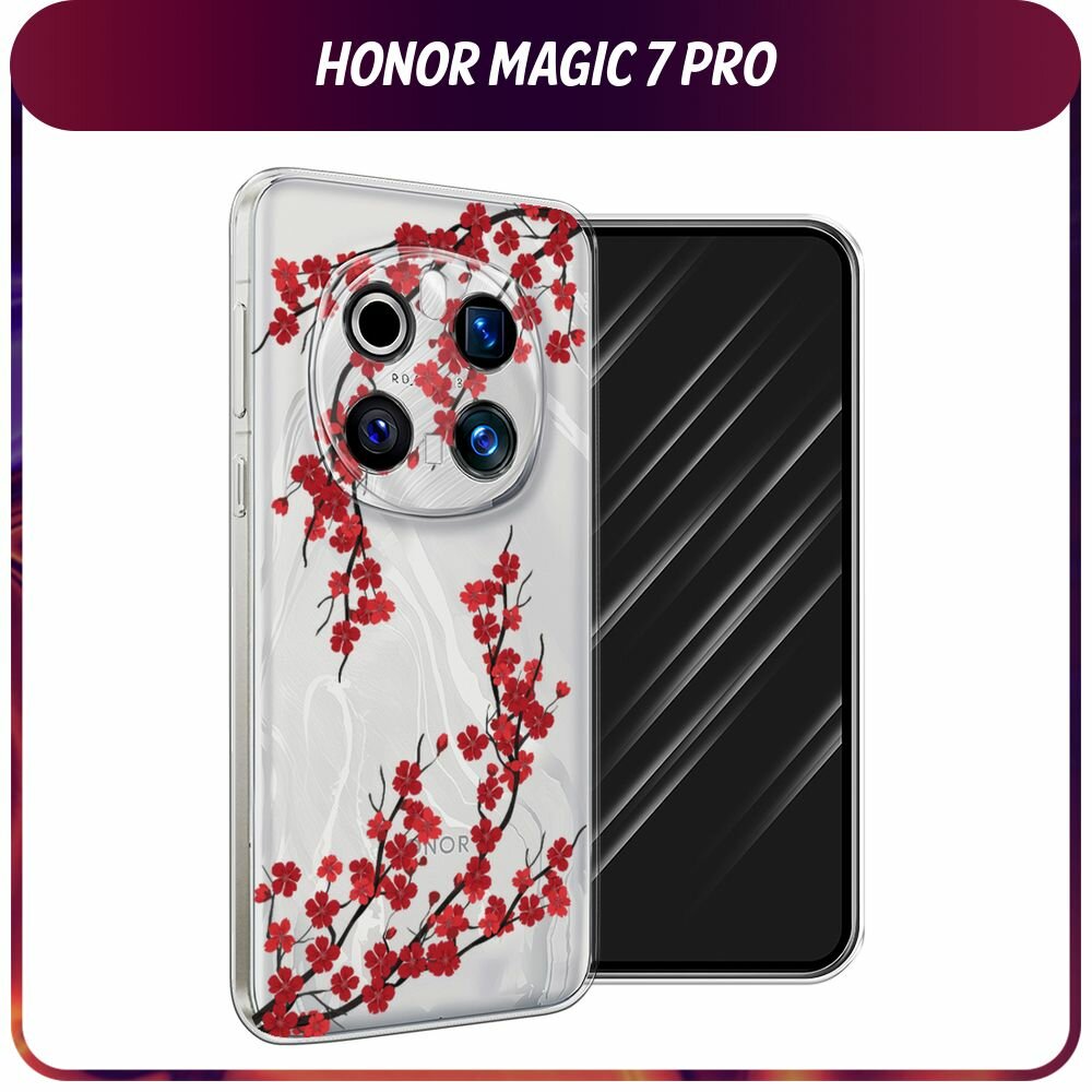 Чехол на Honor Magic 7 Pro / Хонор Мэджик 7 Про с принтом "Красная сакура", прозрачный