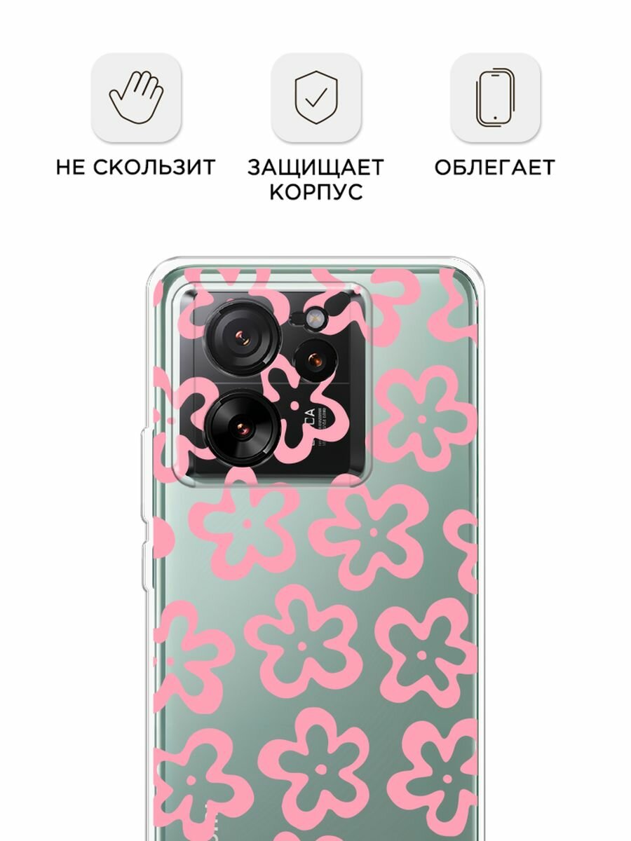 Чехол на Xiaomi 13T Pro / Сяоми 13Т Про с принтом "Простые розовые цветочки", прозрачный — фото 1