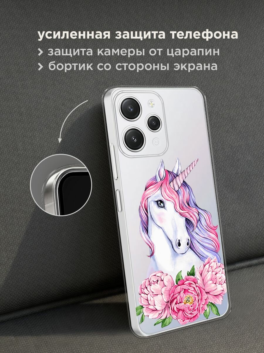 Чехол на Xiaomi Redmi 12 / Сяоми Редми 12 с принтом "Единорог с пионами", прозрачный — фото 1