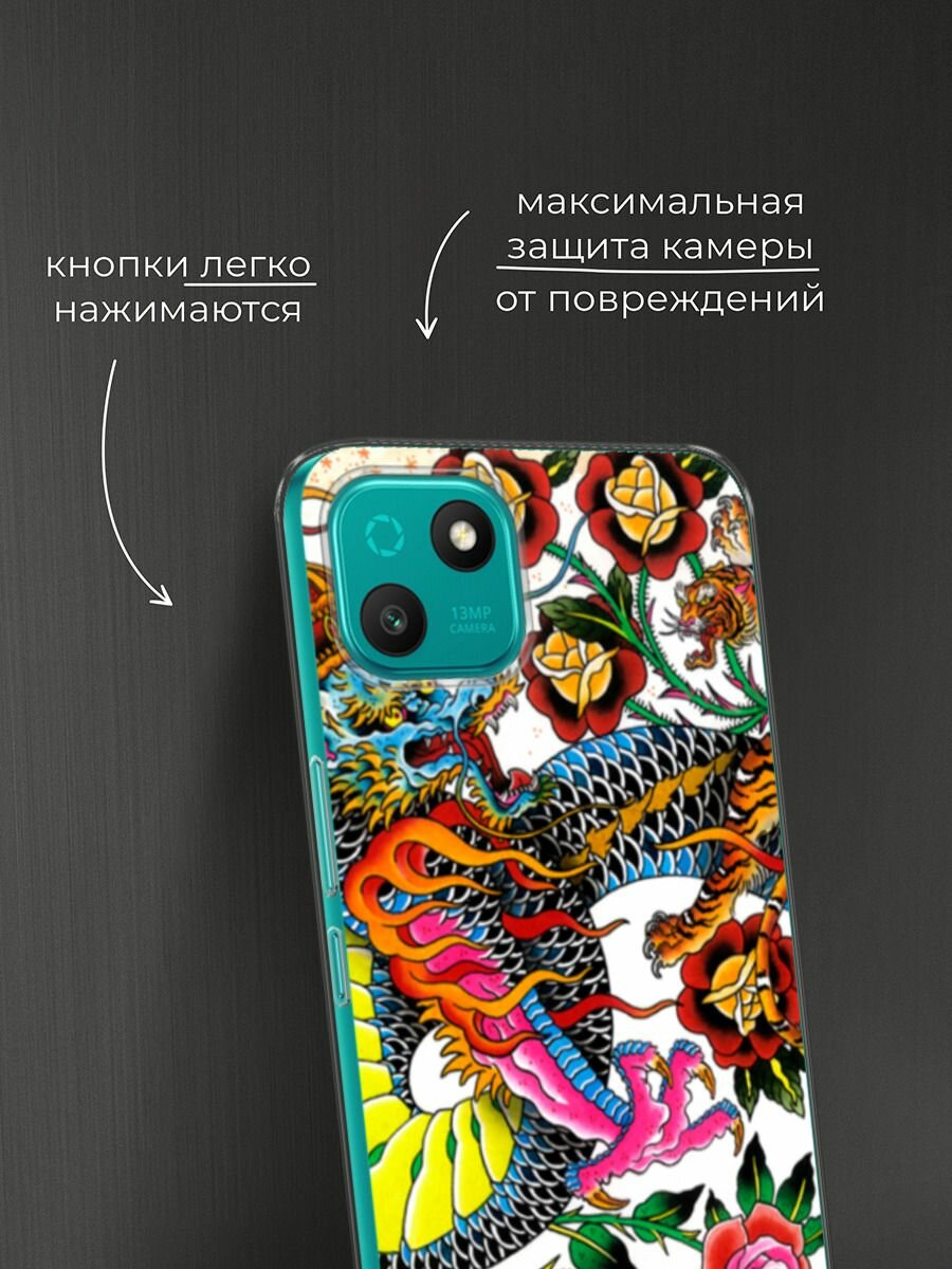 Силиконовый чехол на Wiko T10 / Вико Т10 с принтом "Дракон в цветах" — фото 1