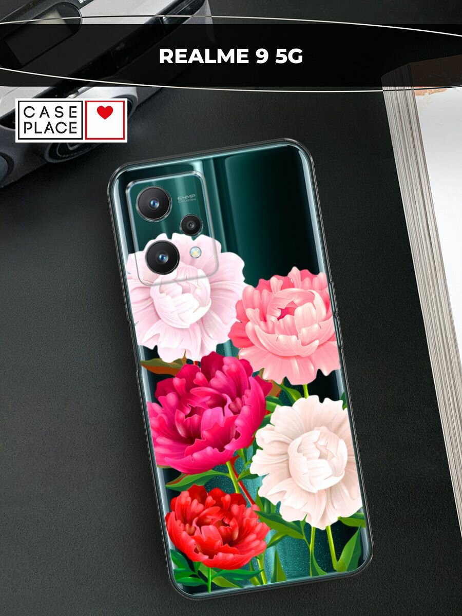 Чехол на Realme 9 5G / Реалми 9 5G с принтом "Большие пионы", прозрачный