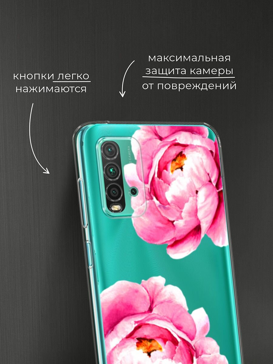 Чехол на Xiaomi Redmi 9T / Сяоми Редми 9Т с принтом "Open peonies", прозрачный — фото 1
