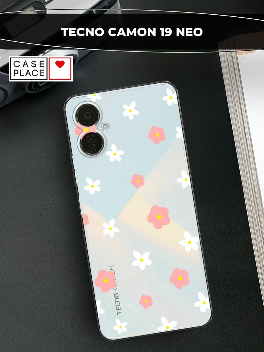 Чехол на Tecno Camon 19 Neo / Техно Камон 19 Нео с принтом "Розовые и белые цветы", прозрачный