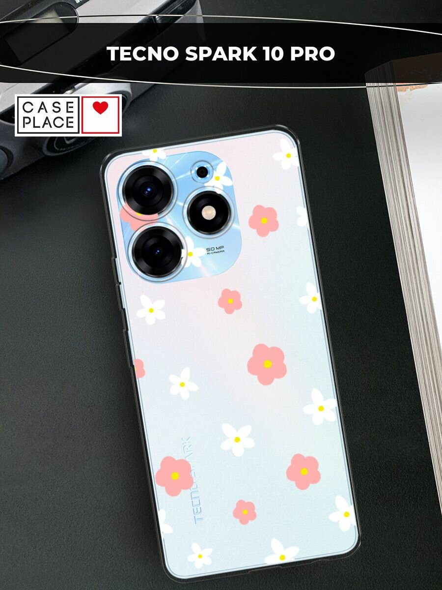 Чехол на Tecno Spark 10 Pro / Текно Спарк 10 Про с принтом "Розовые и белые цветы", прозрачный