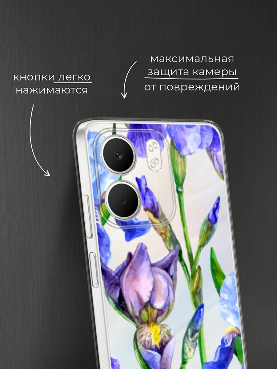 Чехол на Oppo A5x / Оппо А5x с принтом "Синие ирисы", прозрачный — фото 1