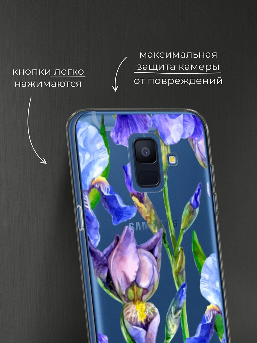 Чехол на Samsung Galaxy A6 / Самсунг Галакси А6 с принтом "Синие ирисы", прозрачный — фото 1