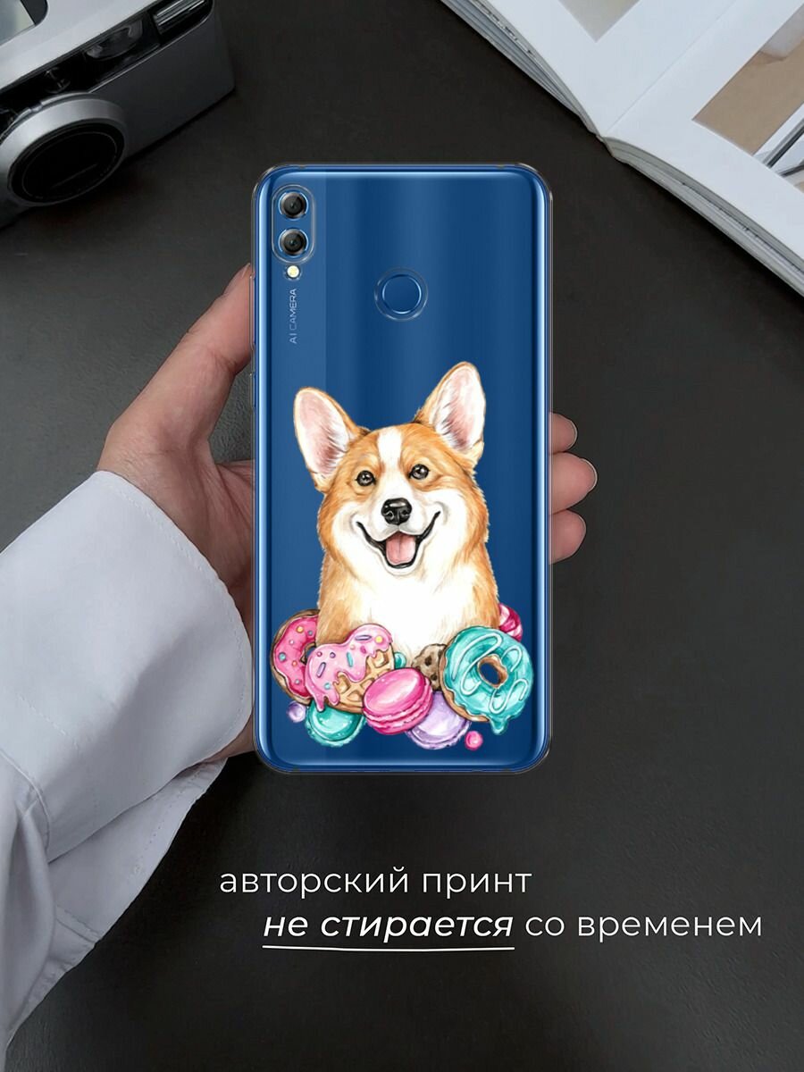 Чехол на Honor 8X / Хонор 8Х с принтом "Корги и сладости", прозрачный — фото 1