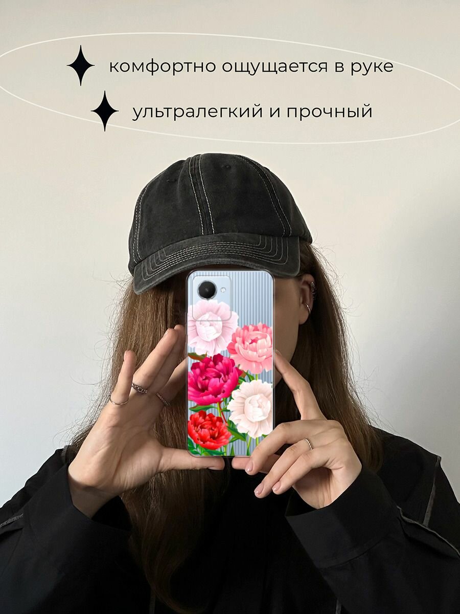 Чехол на Realme C30 / Реалми C30 с принтом "Большие пионы", прозрачный — фото 1