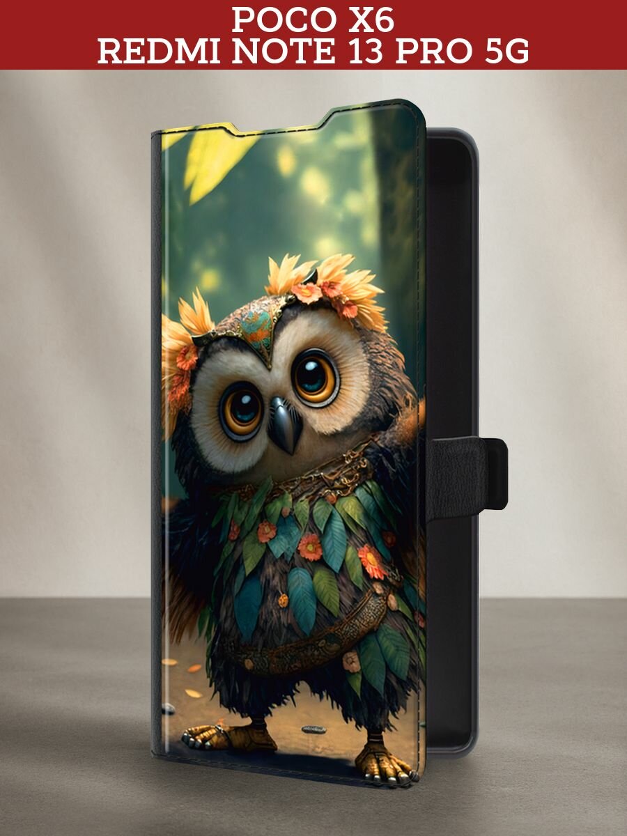 Чехол-книжка на Poco X6/Redmi Note 13 Pro 5G / Поко Х6/Редми Нот 13 Про с рисунком "Тропическая сова"