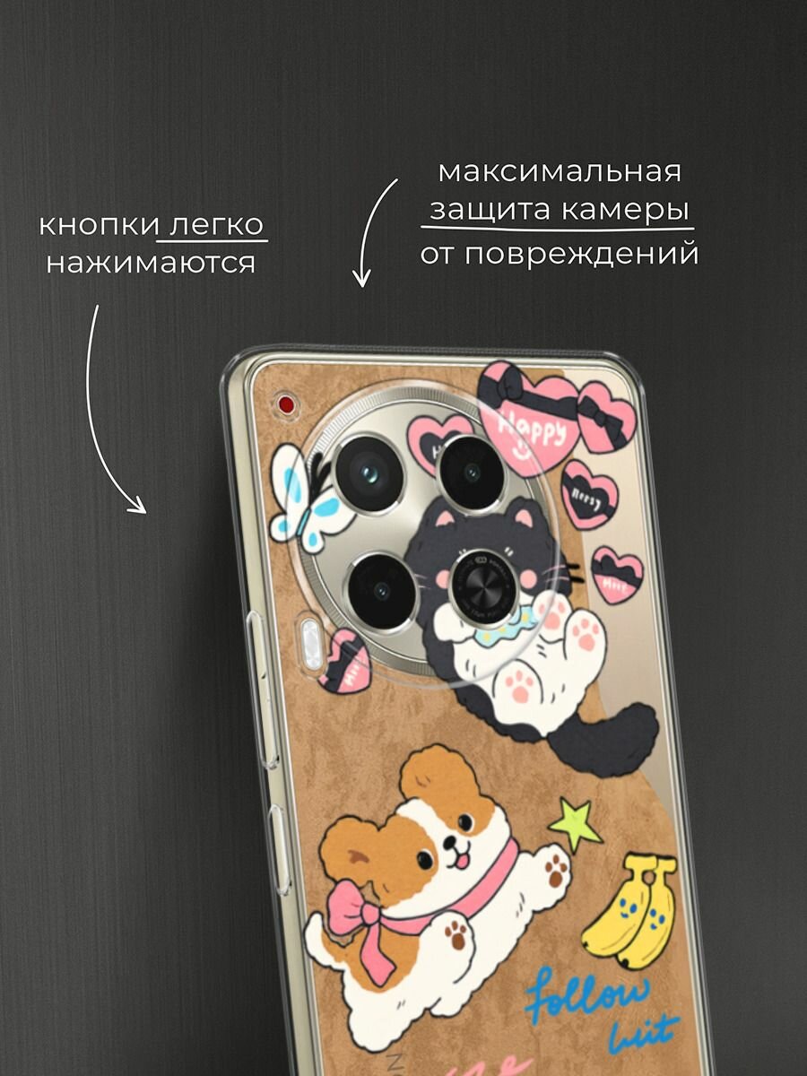 Чехол на Tecno Camon 30 4G / Текно Камон 30 4G с принтом "Кудрявые животные", прозрачный — фото 1