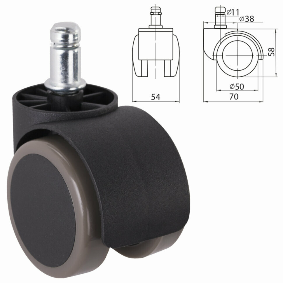 Колеса (ролики) для кресла, комплект 5 шт, прорезиненные, шток d - 11 мм, цвет черный, 531473