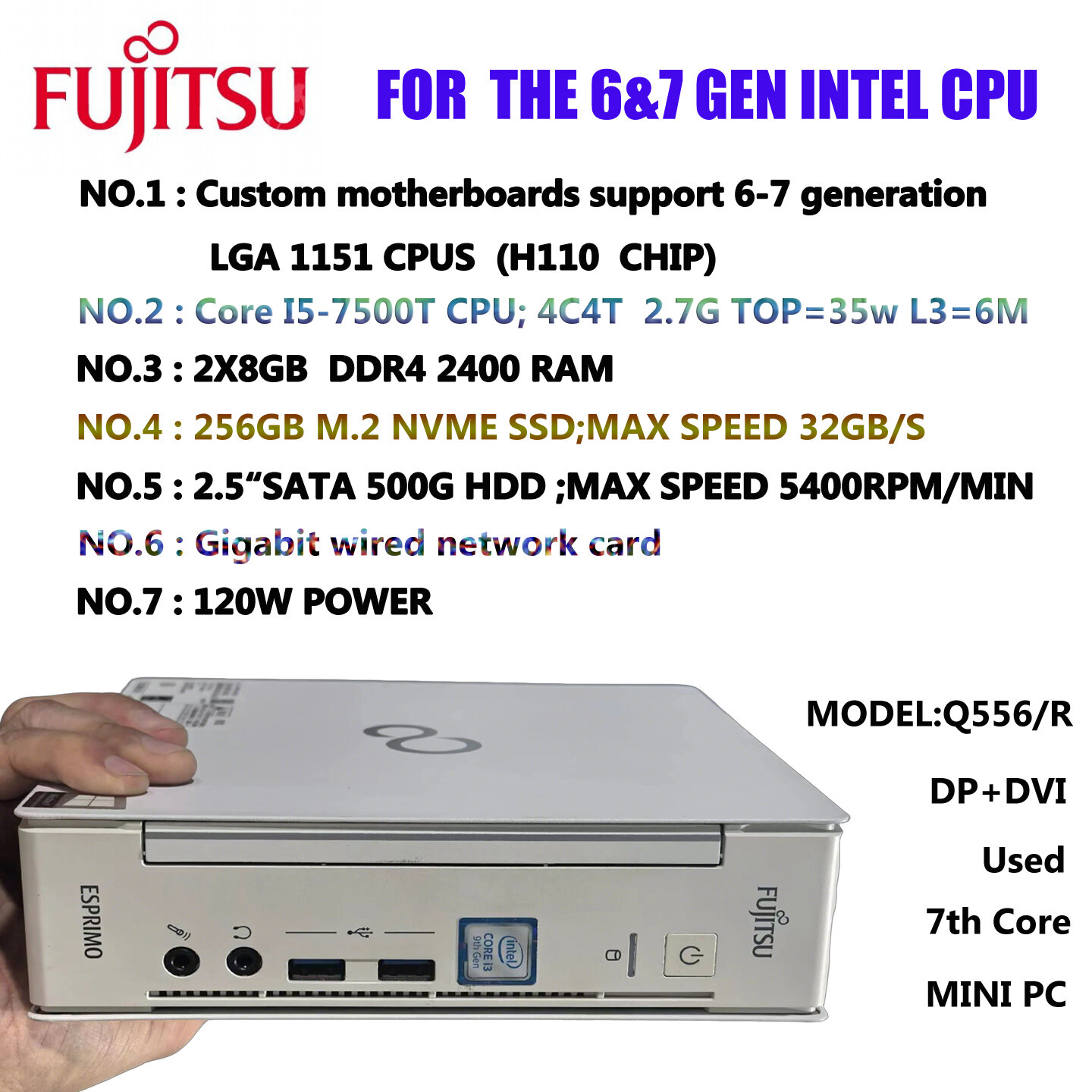 FUJITSU Esprimo Q556/R WHITE (H110+CORE i5-7500T CPU 4C4T+2x8 г DDR4 2400 Оперативная память + 256 г M. 2 NVME SSD + 500 г HDD) lga 1151 мини ПК intel