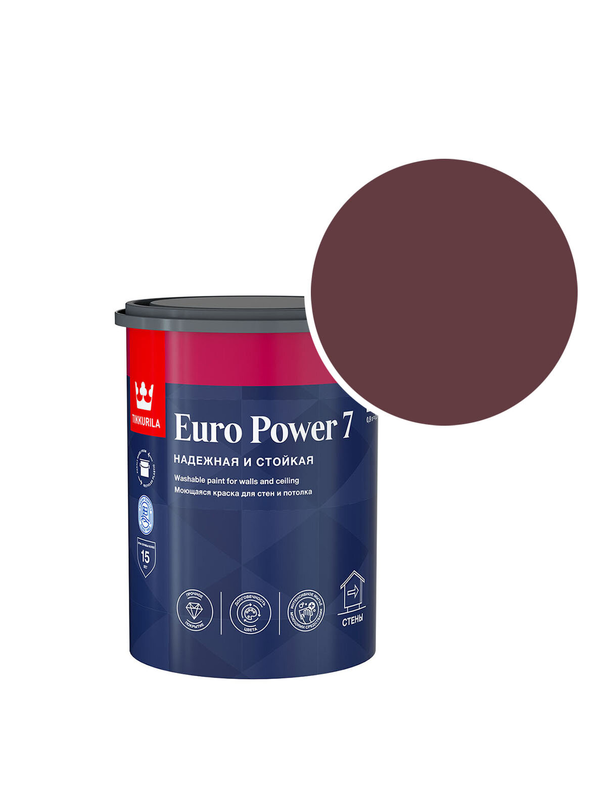 Краска моющаяся Tikkurila Euro Power 7 RAL 3005 (Винно-красный - Wine red) 0,9 л