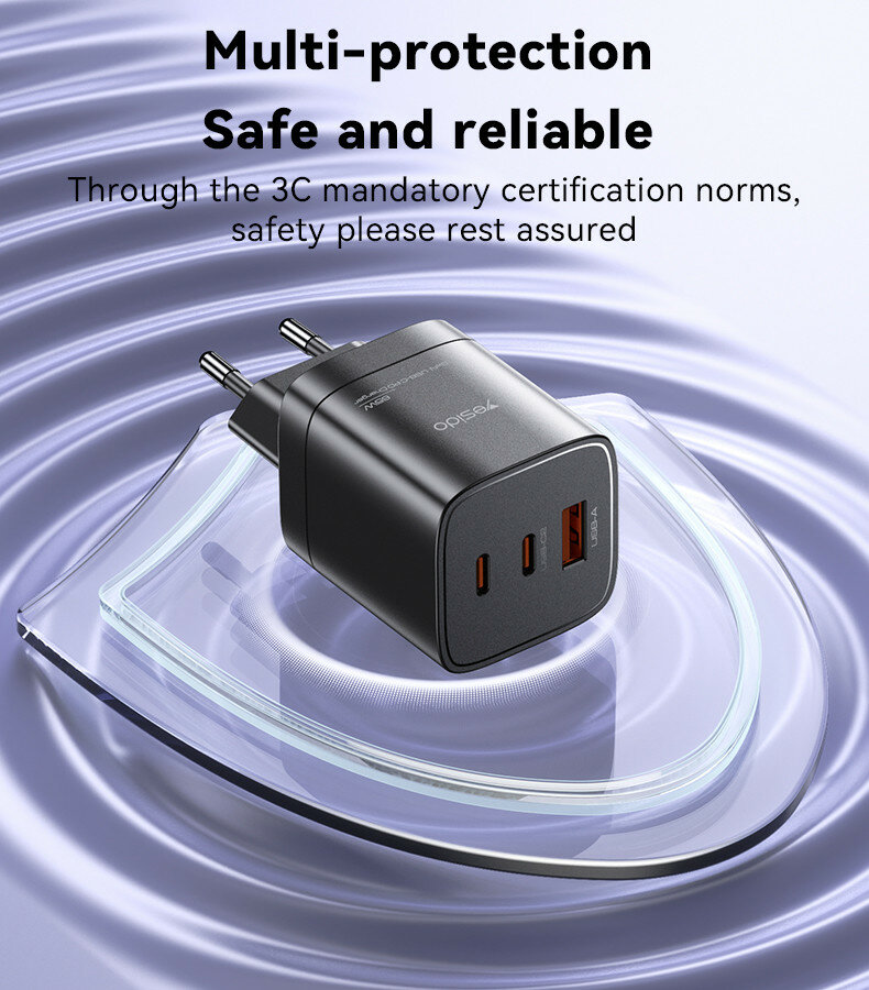 Сетевое зарядное устройство для быстрой зарядки Yesido YC65 GaN Charger 2C+U, 65W, EU, Черный
