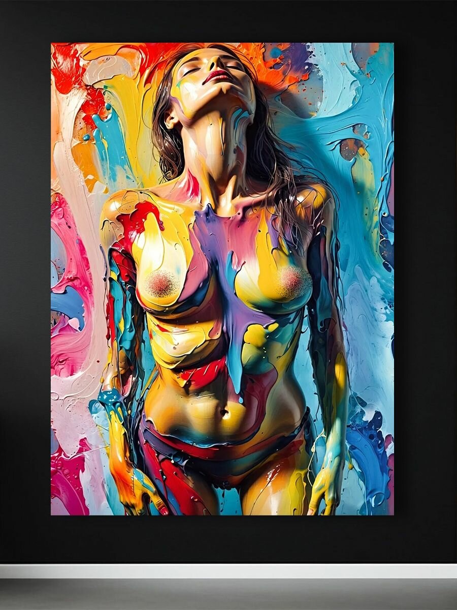 Картина на стену - "Голые девушки, яркие краски, мазки, эротика" , 50х70 см.