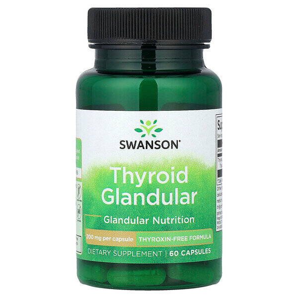 Swanson Thyroid Glandular/ Тиреоидная ткань без тироксина, 200 мг, 60 капсул
